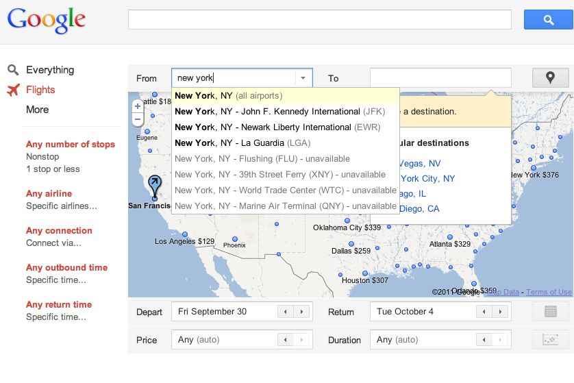 Google flight search lists New York's World Trade Center as a ...