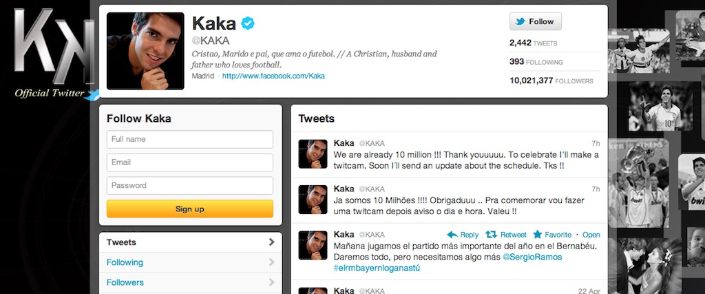 Kaká: Brazil soccer star most popular athlete on Twitter, surpassing 10 million followers - The ...