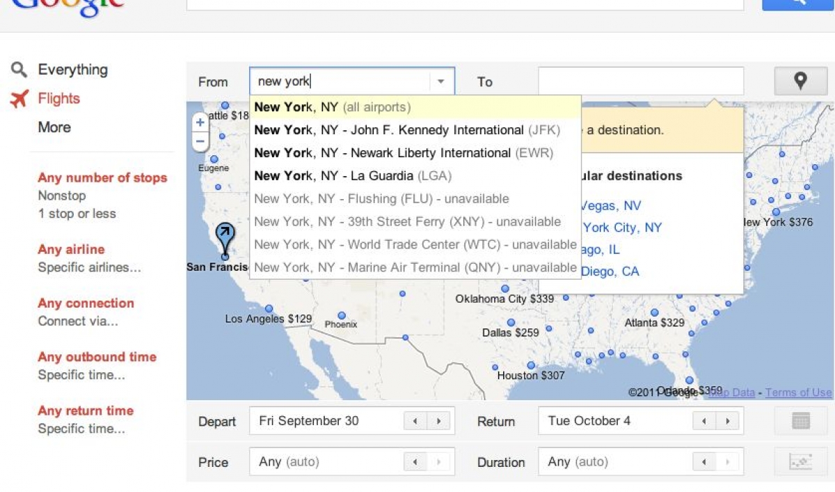 Google flight search lists New York's World Trade Center as a ...